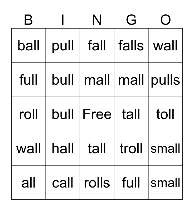 -all, -oll, -ull BINGO Card