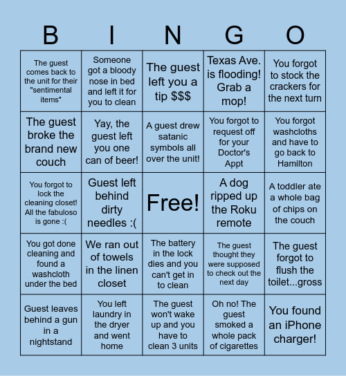 Hospitality Team Bingo Card