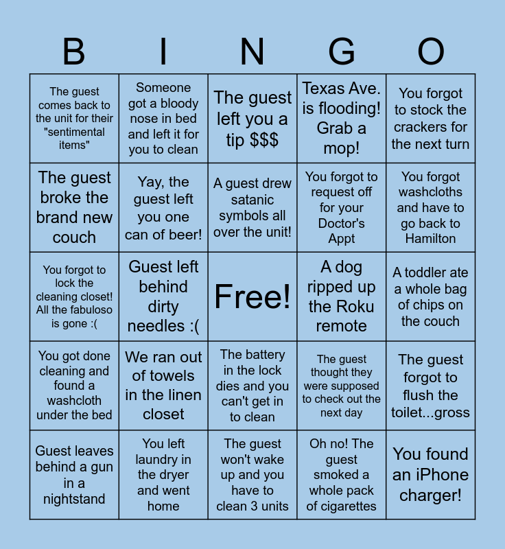 Hospitality Team Bingo Card