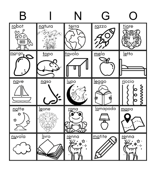 Bingo #1 - Parole con T, L, N , R, M Bingo Card