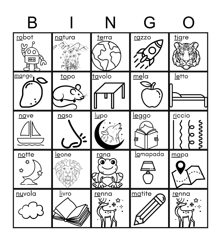 Bingo #1 - Parole con T, L, N , R, M Bingo Card