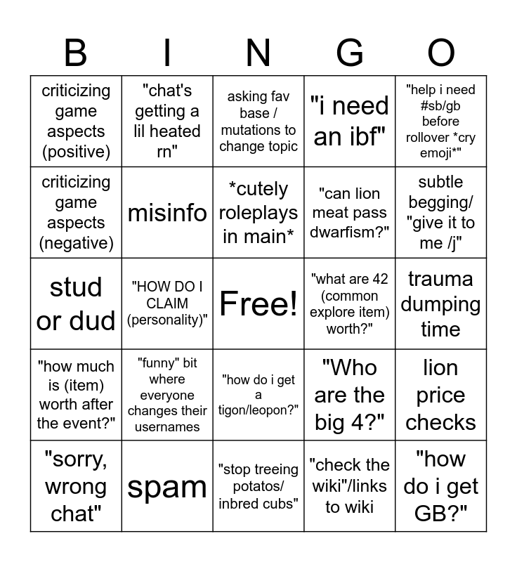 Main Chat Bingo Card