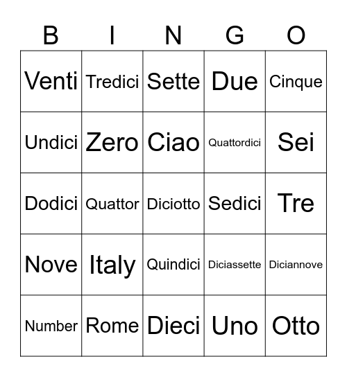 Number 1-20 Bingo Card