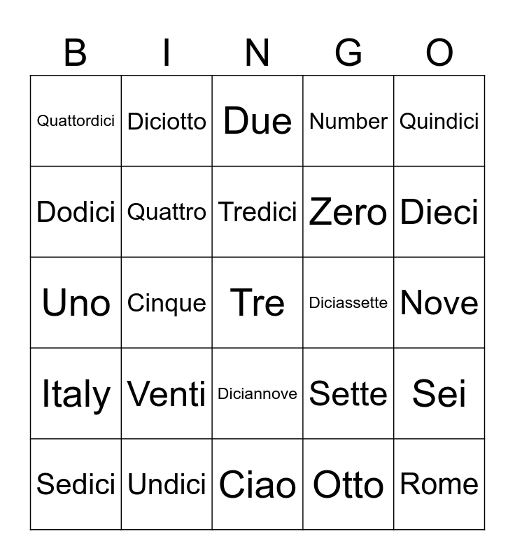 Number 1-20 Bingo Card