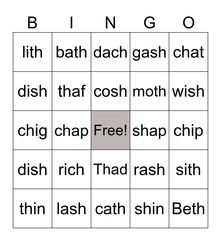 Digraph Bingo Card