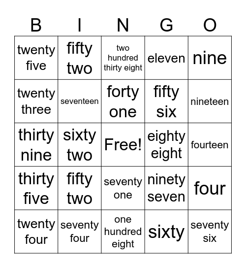 Numbers Bingo Card