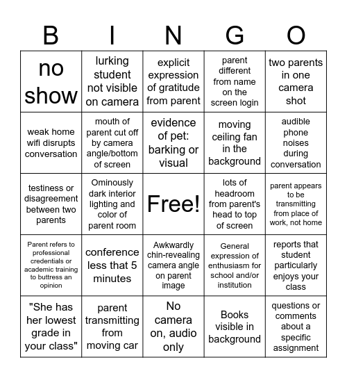 Zoom Parent/Teacher Conference Bingo Card