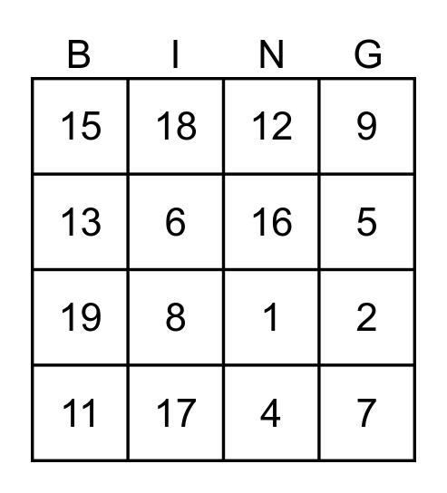 Number Word Bingo Card