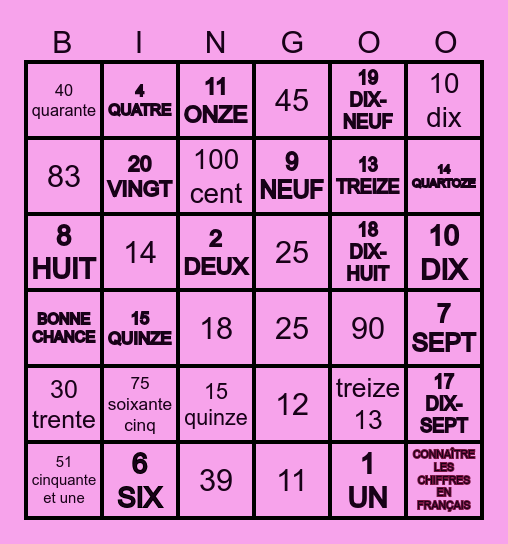 CONNAÎTRE LES CHIFFRES EN FRANÇAIS Bingo Card