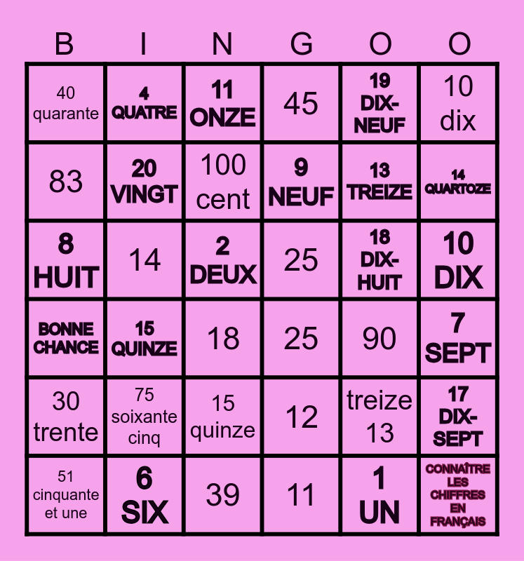 CONNAÎTRE LES CHIFFRES EN FRANÇAIS Bingo Card