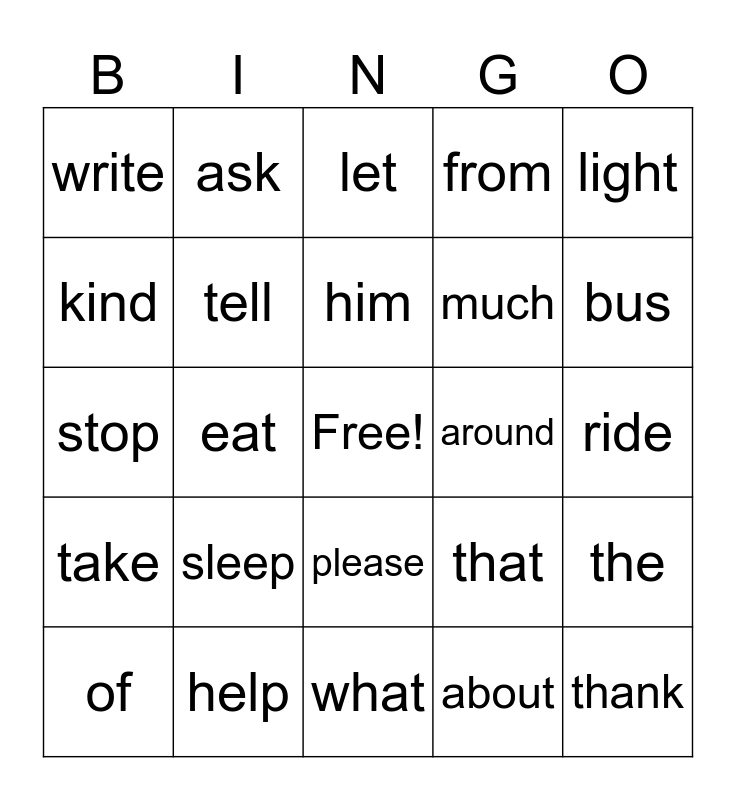 Dolch Unit 18 - 22 Bingo Card