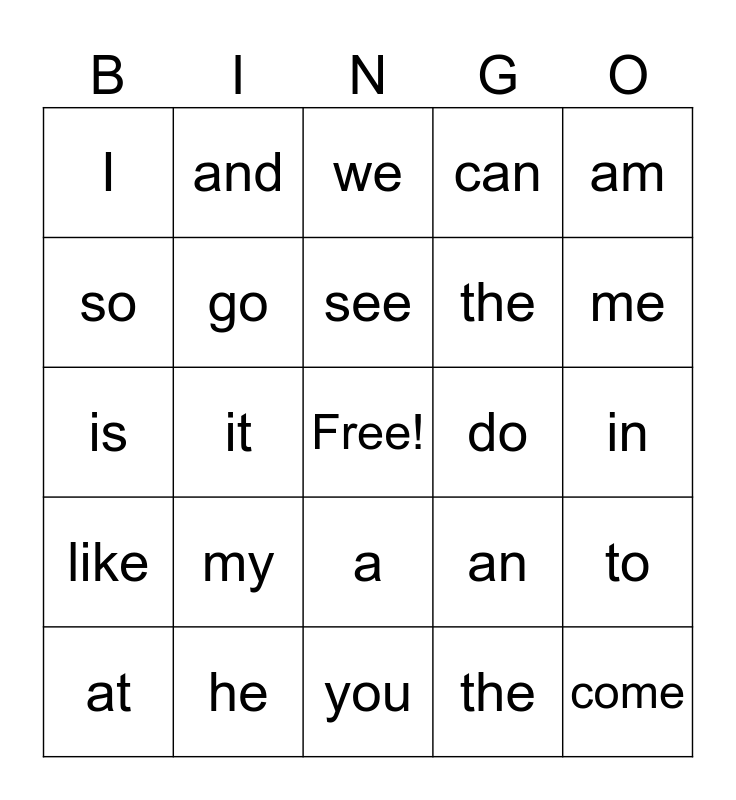 F & P Sight Words K Bingo Card