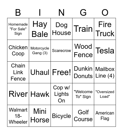 Texas to Alabama Bingo Card