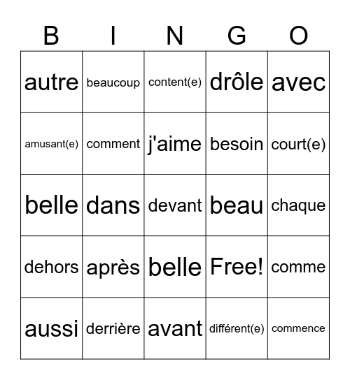 Bingo mots fréquents Bingo Card