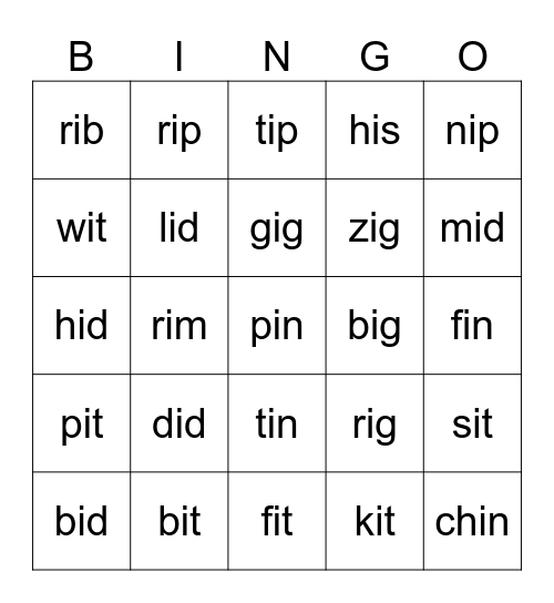 Short i sound Bingo Card