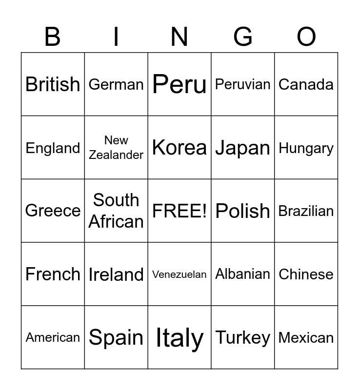 Countries and Nationalities Bingo Card