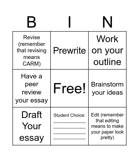 The Writing Process Bingo Card