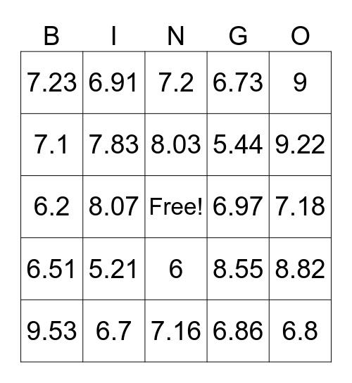 Adding Decimals Bingo Card
