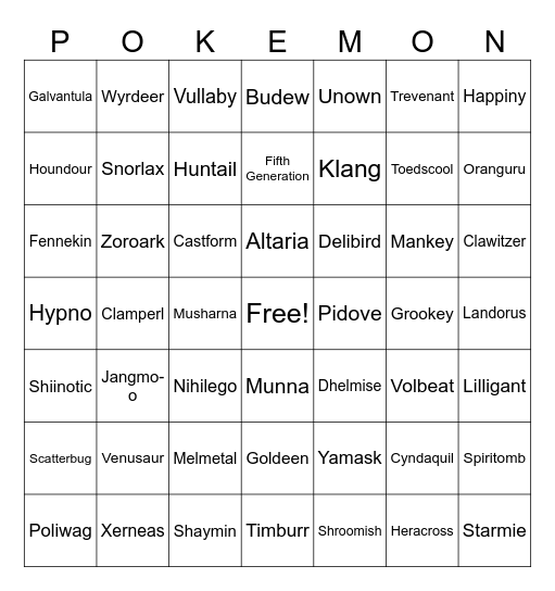 Pixelmon search Bingo Card