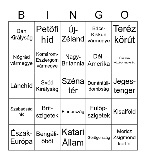 Földrajzi nevek Bingo Card