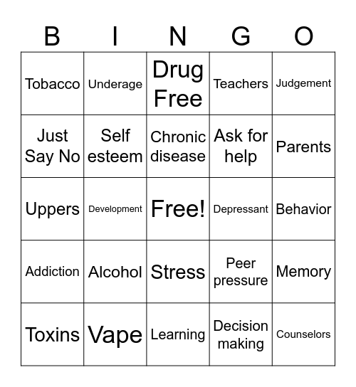 Drug Awareness Bingo Card