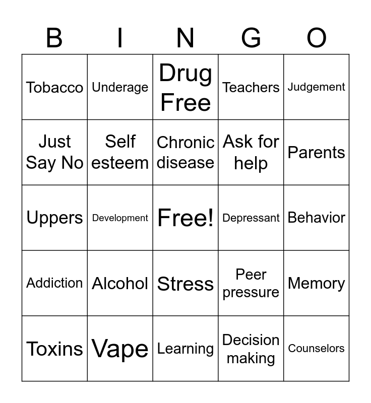 Drug Awareness Bingo Card