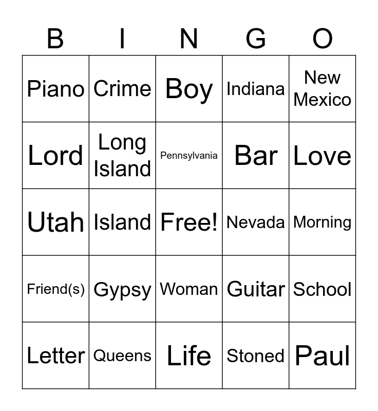 Piano Man Bingo Card
