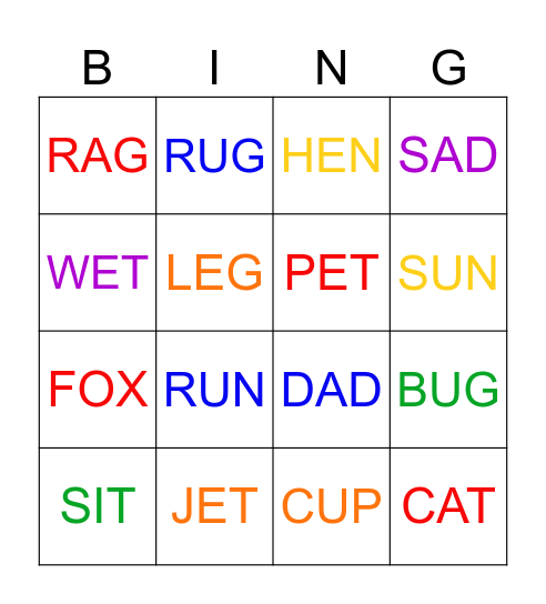 CVC Words Bingo Card