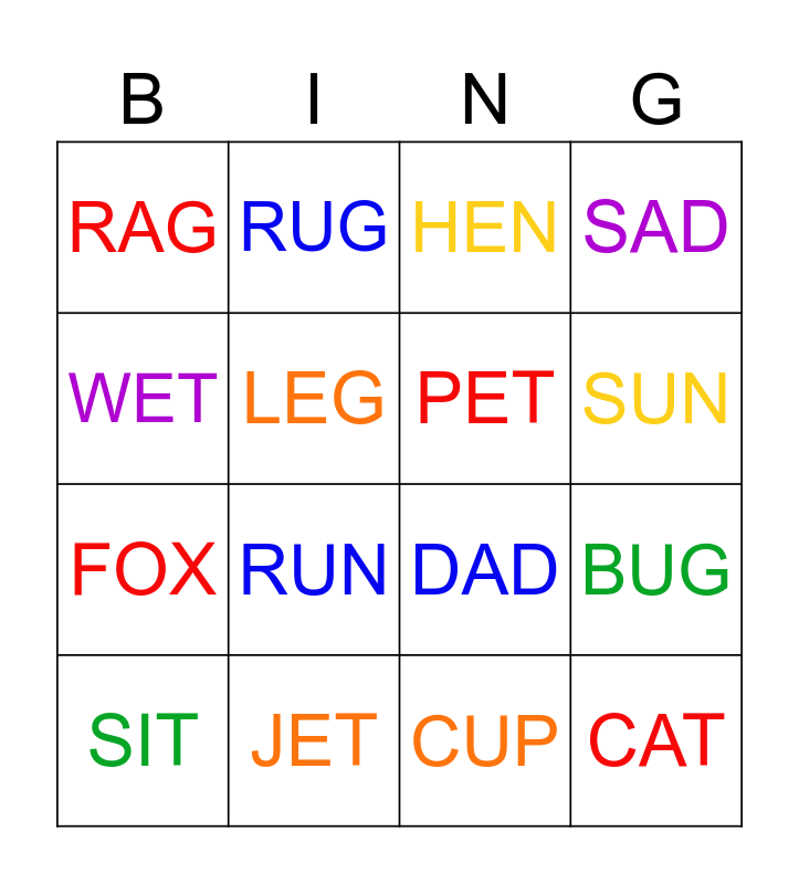 CVC Words Bingo Card