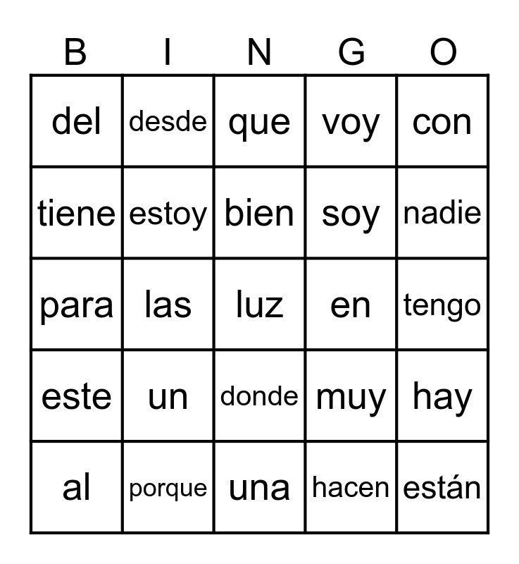 Palabras de Uso Frecuente Bingo Card