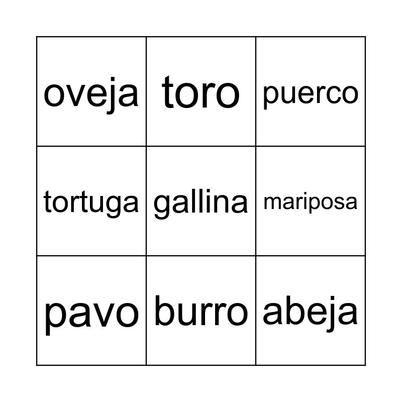 Animals de La Granja Bingo Card