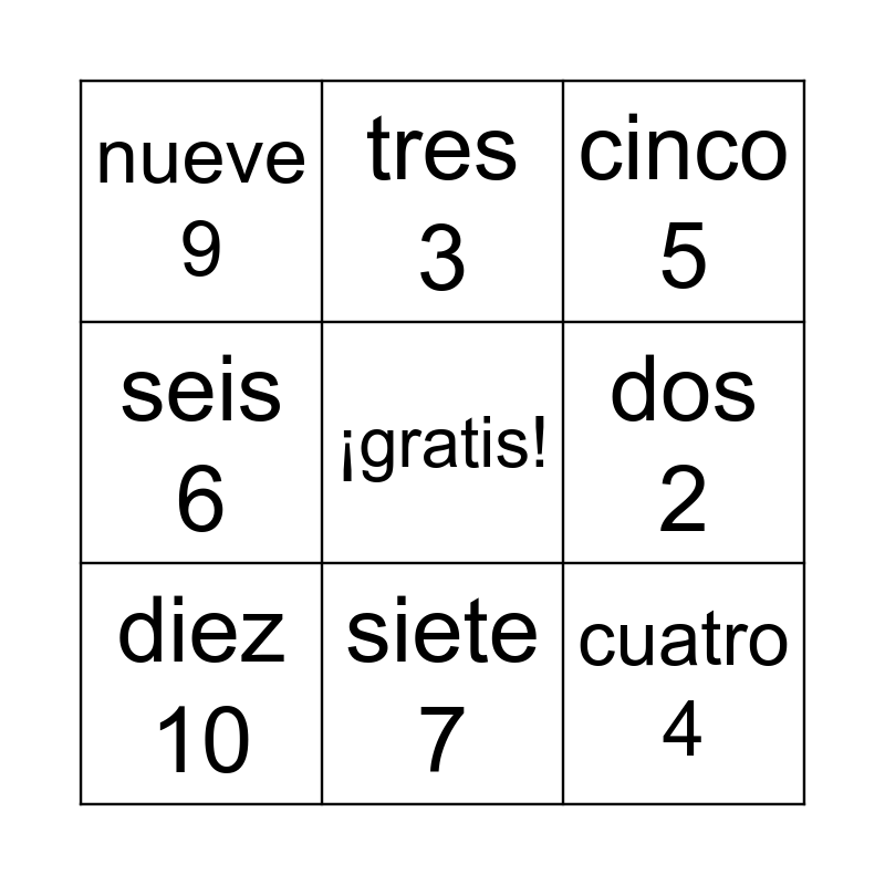 Spanish Numbers 0-10 Bingo Card