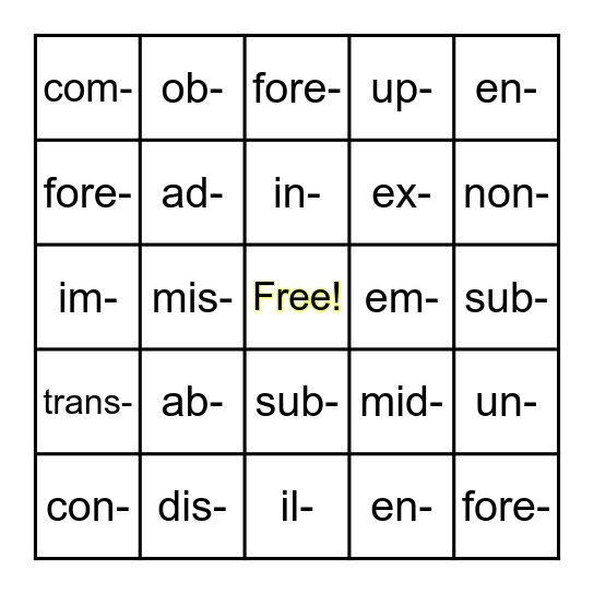 Prefix Bingo Card