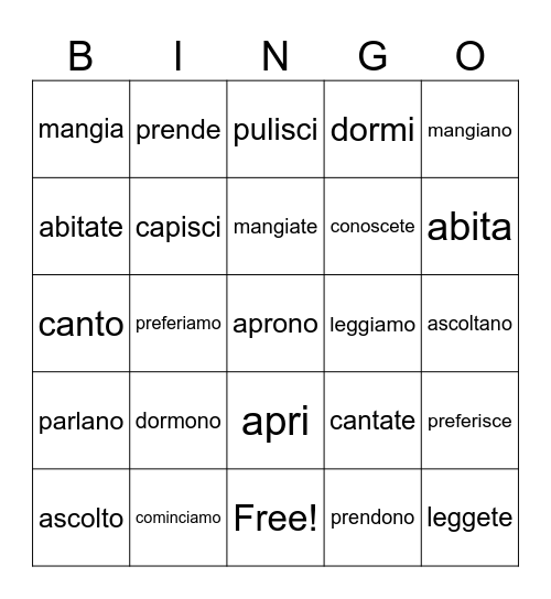 Verbi regolari Bingo Card