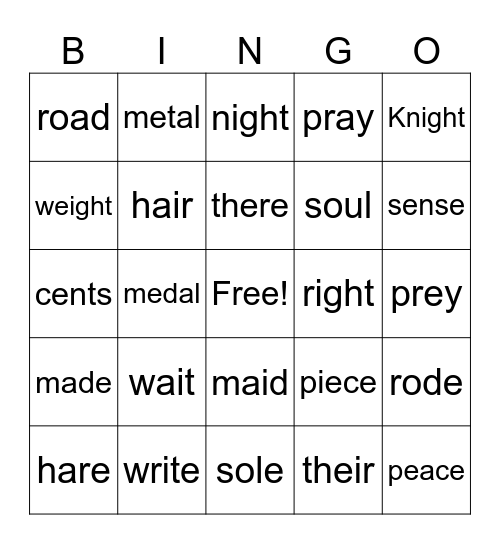 Homophones Bingo Card