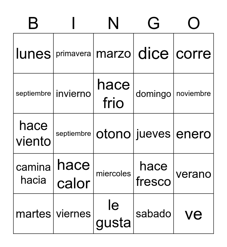 Vocab Bingo Card