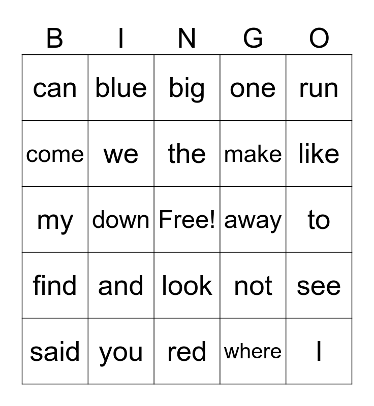 High Frequency Words Bingo Card