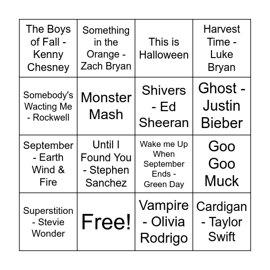 FALL MUSIC BINGO Card