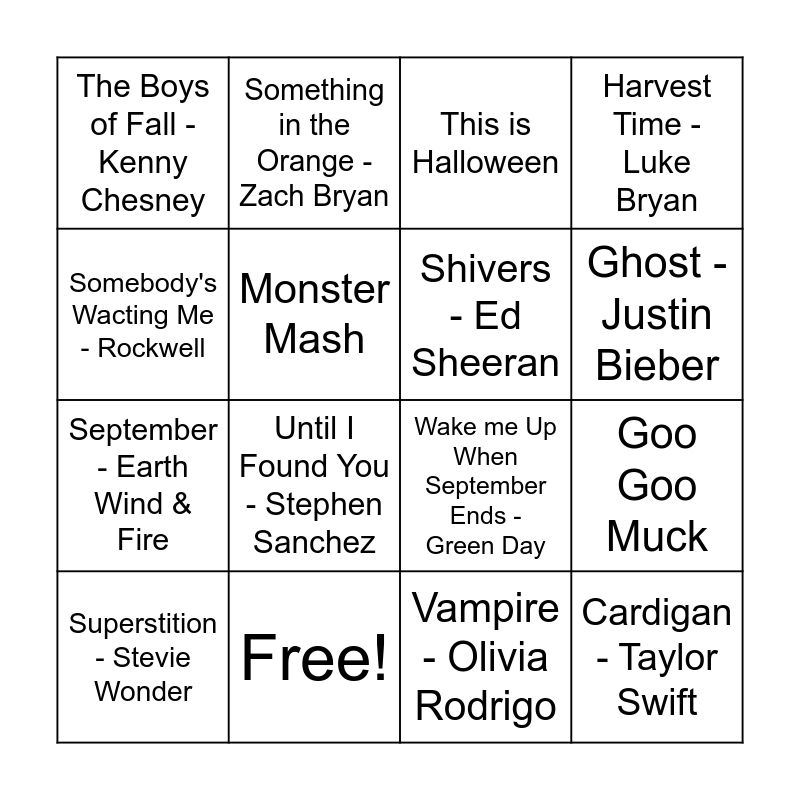 FALL MUSIC BINGO Card