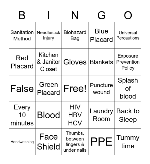 Bloodborne Pathogens, Sanitation & SIDS Bingo Card
