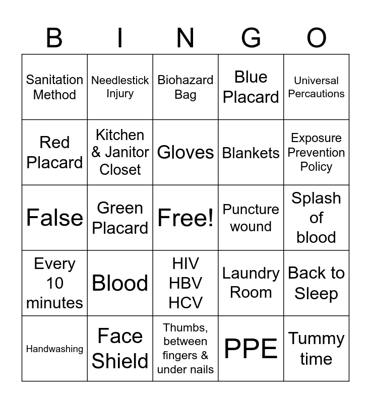 Bloodborne Pathogens, Sanitation & SIDS Bingo Card