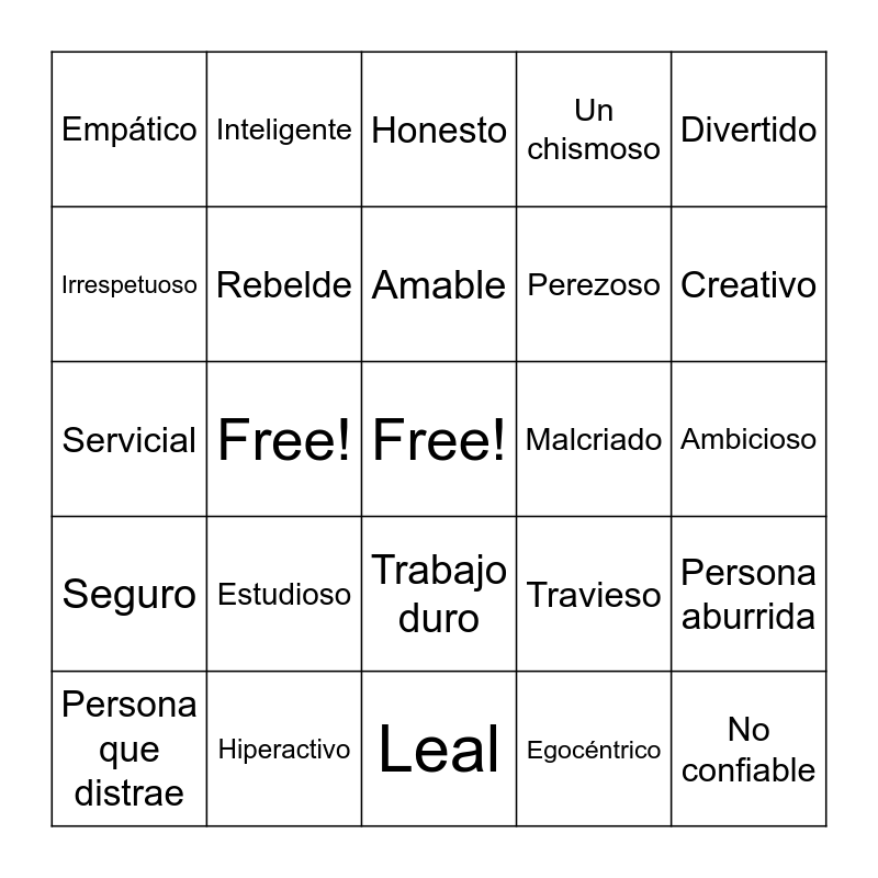 Rasgos de Personalidad (Personality Traits) Bingo Card