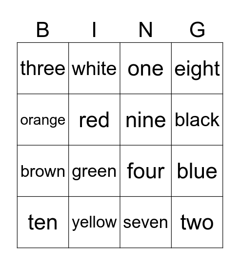 Colours and Numbers Bingo Card
