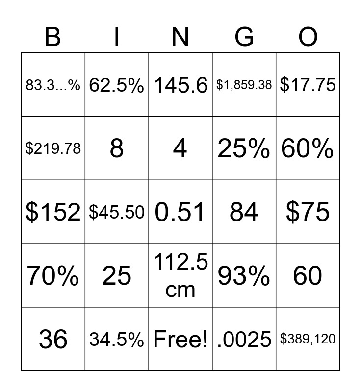 PERCENTAGES BINGO Card