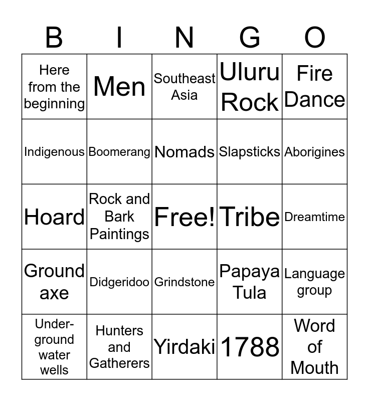 Aboriginal Bingo Card