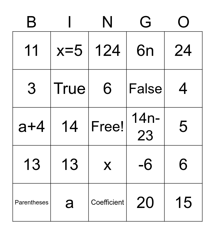 13 and 14 year old Math Bingo Card