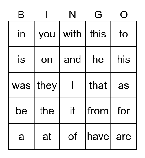 Sight Words Bingo Card