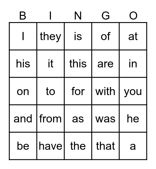 Sight Words Bingo Card
