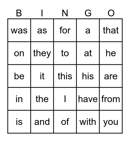 Sight Word Bingo Card