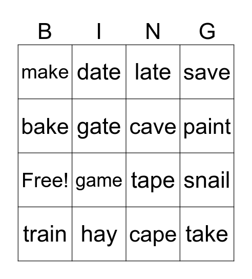 Long Vowel A Bingo Card